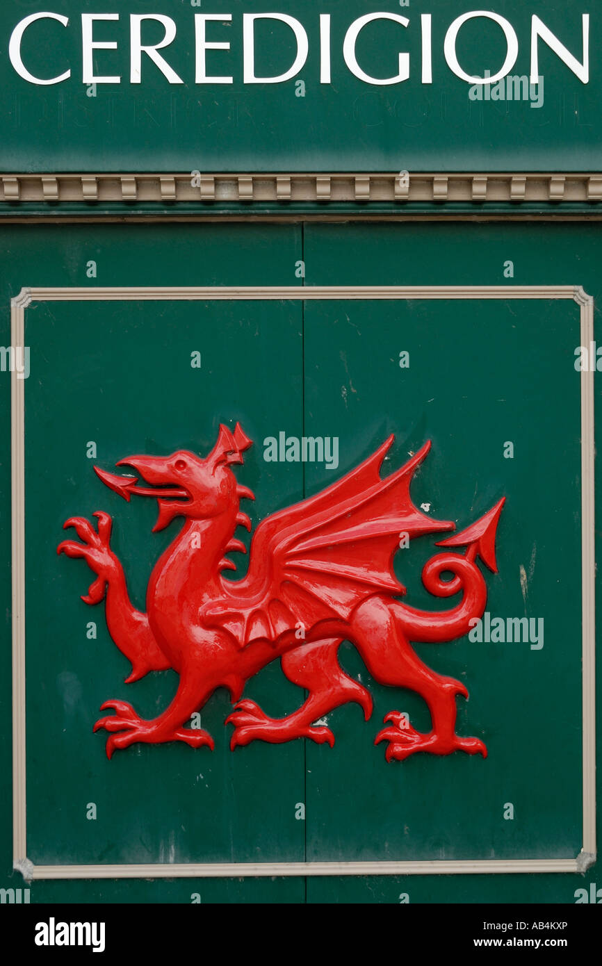 Ceredigion sign with bas relief Dragon on the Tourism Office ...
