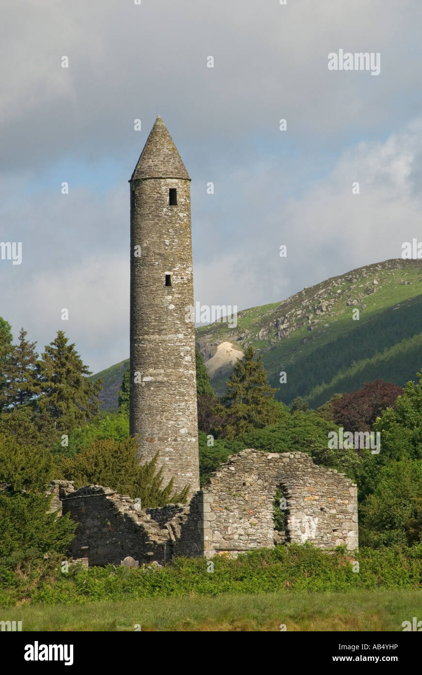 Ireland County Wicklow mountains Glendalough Monastic Site Round Tower ...