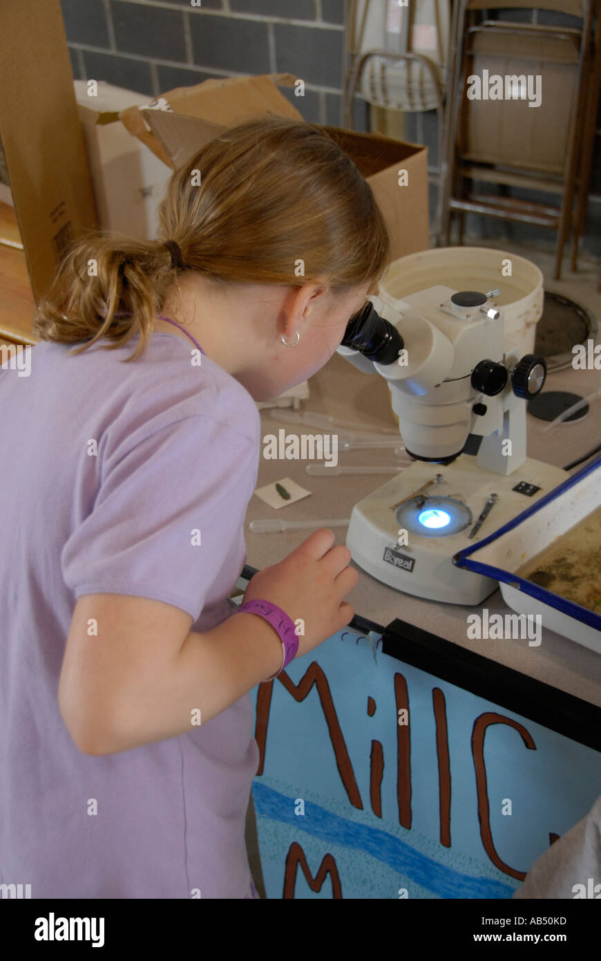 Children look through a microscope at the life in a pond at an Earth ...