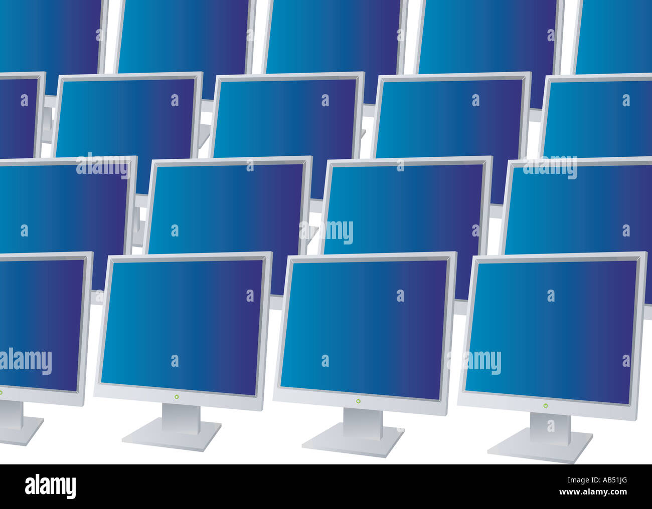 Many monitors all in a row with blue screena Stock Photo - Alamy