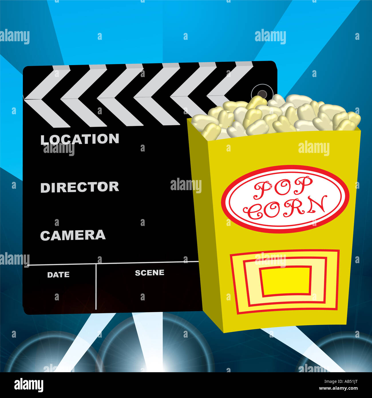 Abstract film scene with movie clapper board and pop corn lights camera ...