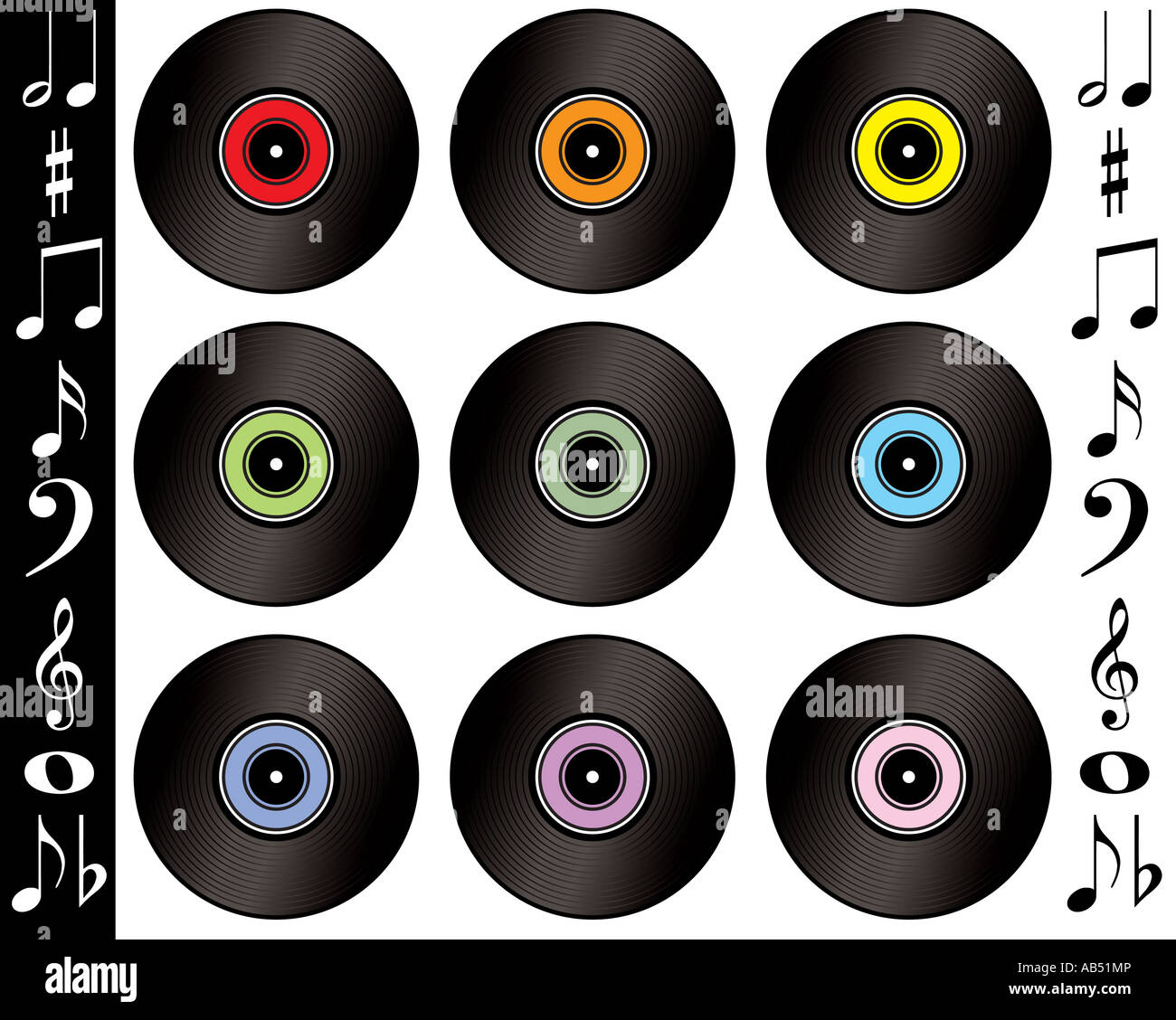 A collection of records with different colour labels with musical notes ...