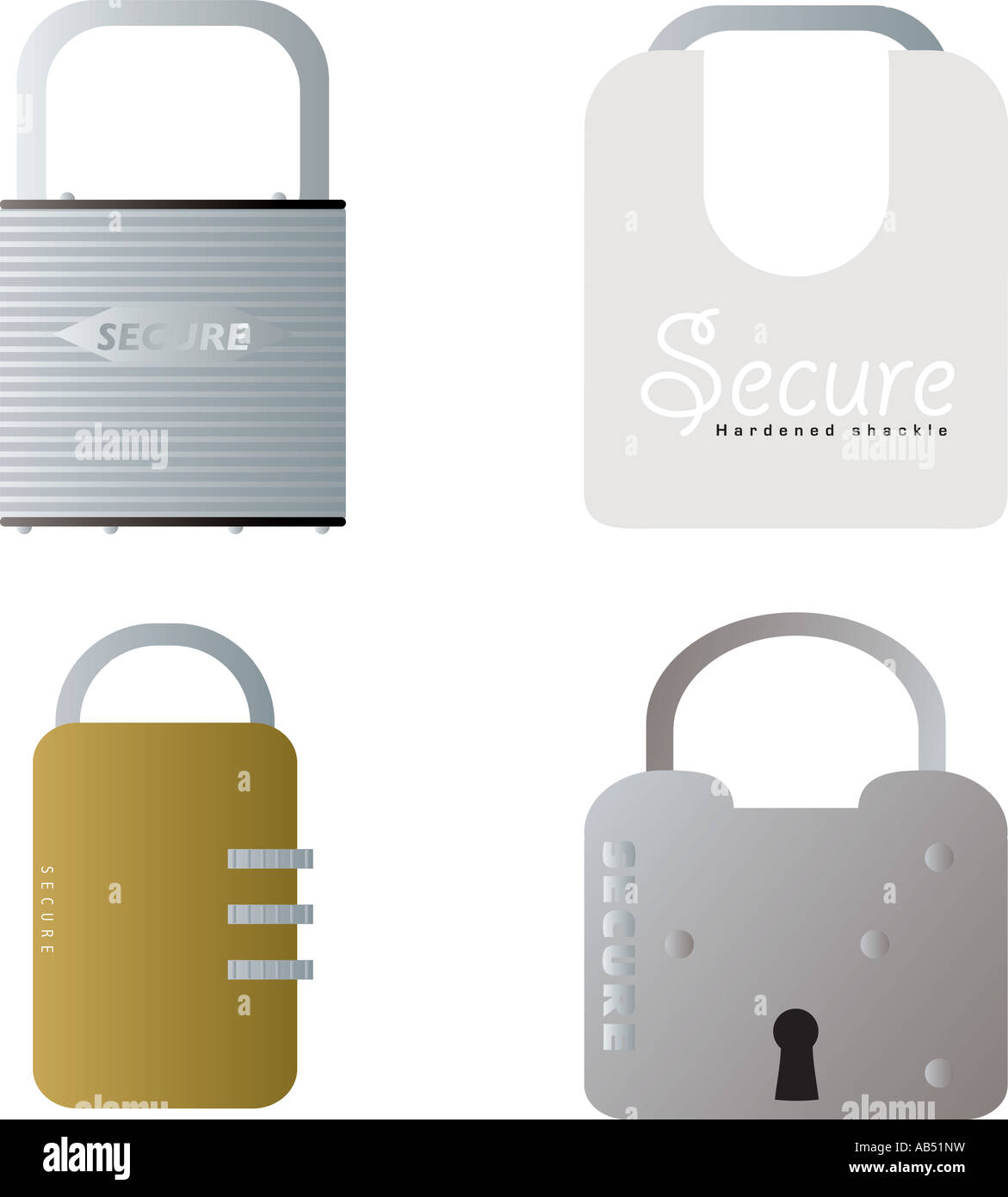 illustration of four different padlock in silver and gold Stock Photo ...