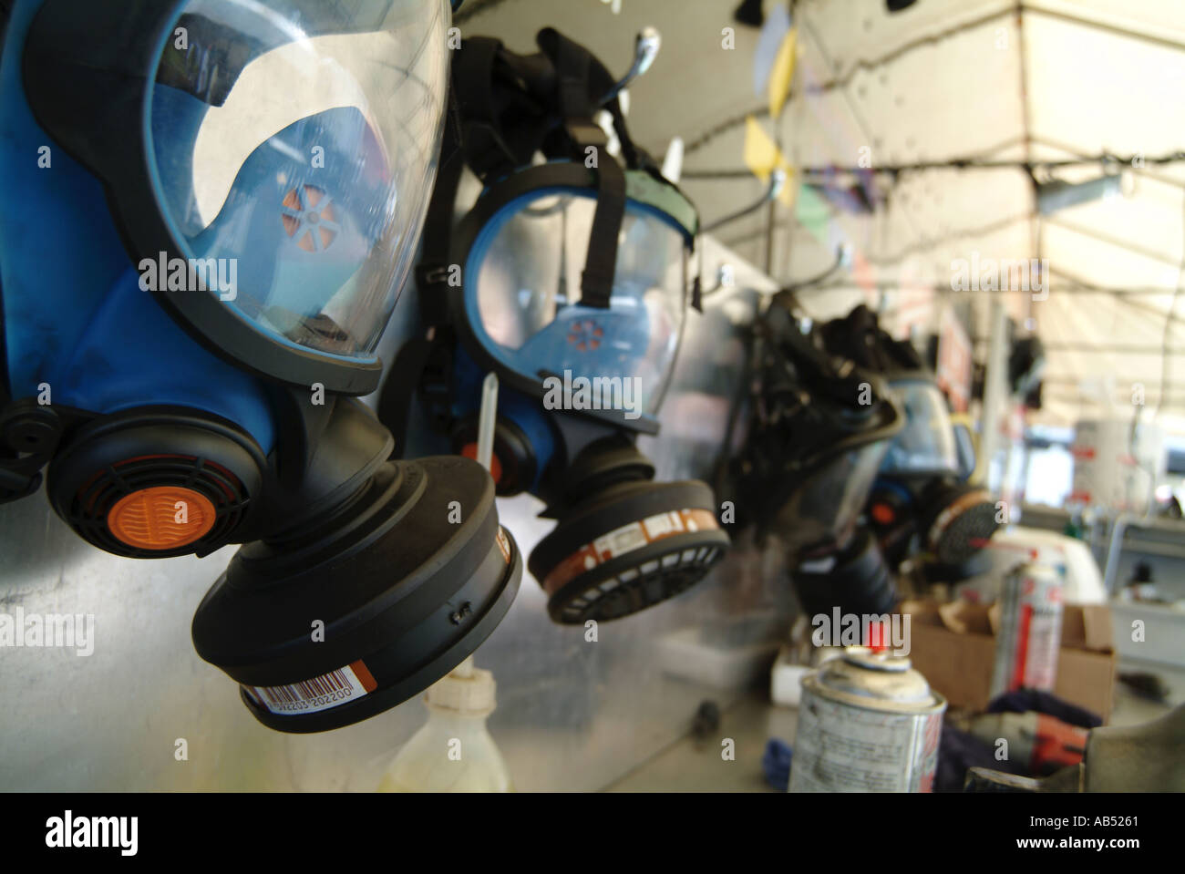 gas masks hanging outside a drag racers trailer breathing aid ...