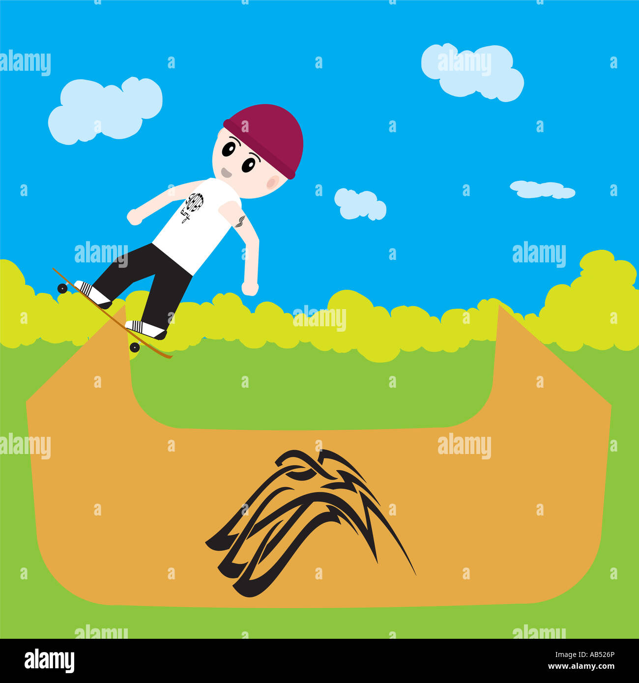 skater boy riding a half pipe in a park in a cartoon style Stock Photo ...