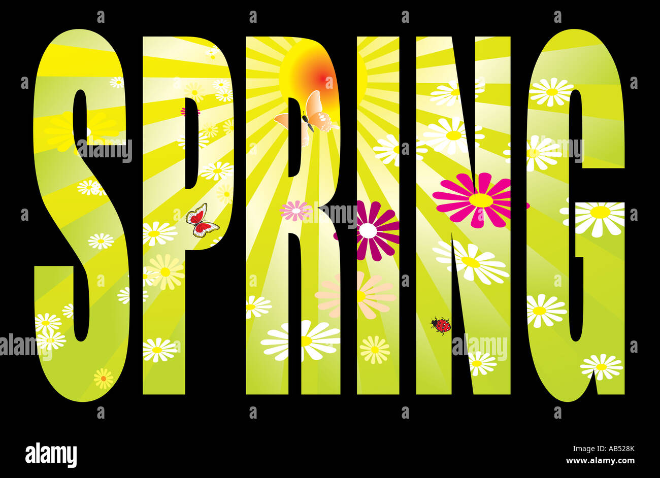 Spring text illustration with a backdrop of flowers and sun rays Stock ...