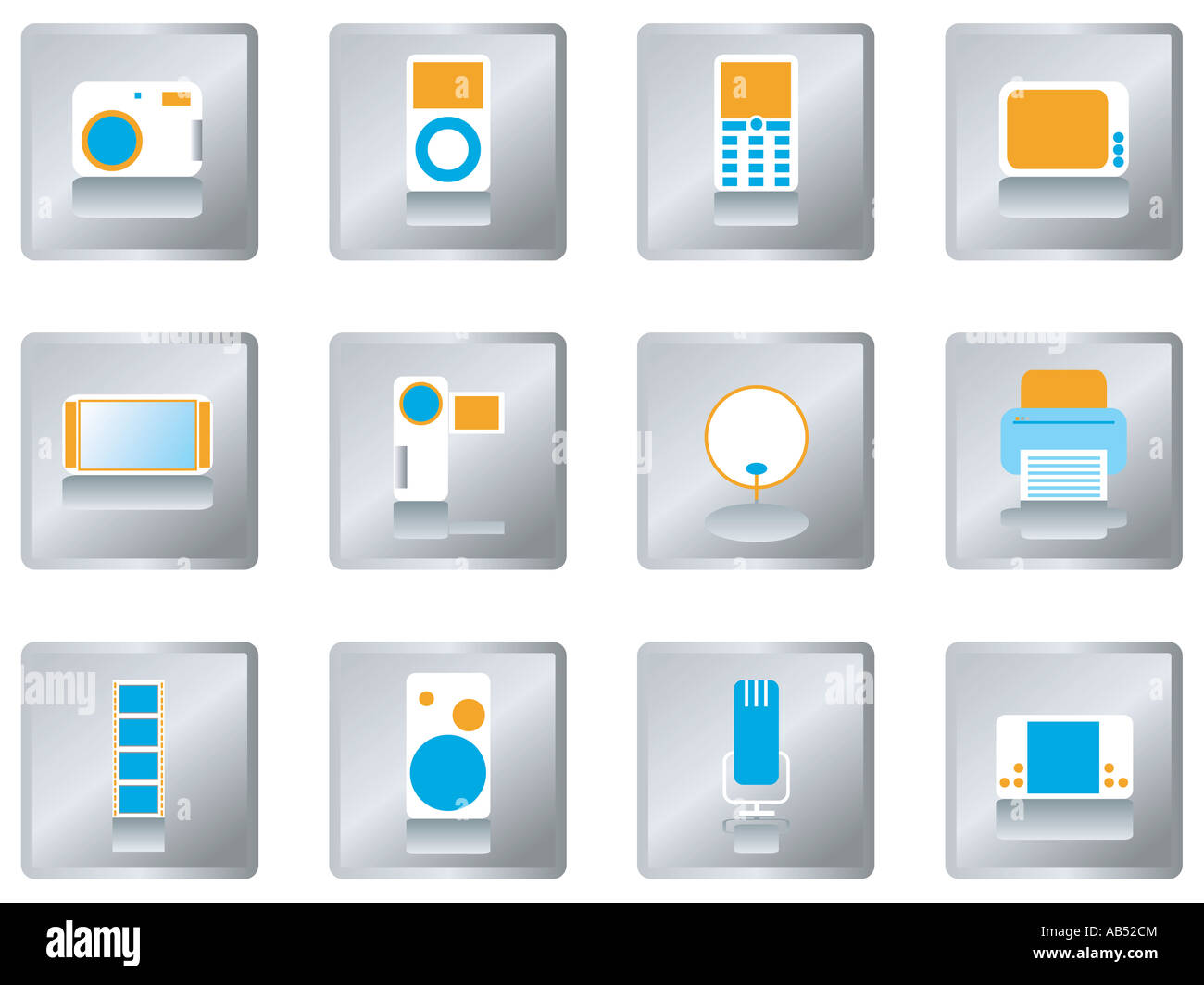 A collection of twelve multi coloured buttons with different gadgets on ...