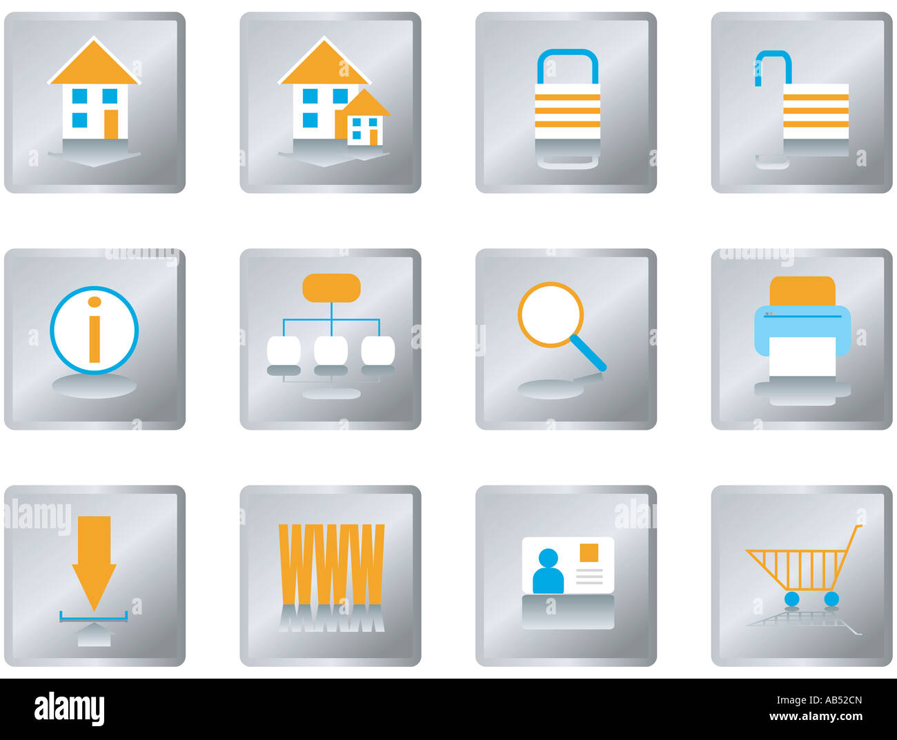 A collection of twelve buttons in orange and blue with a silver ...