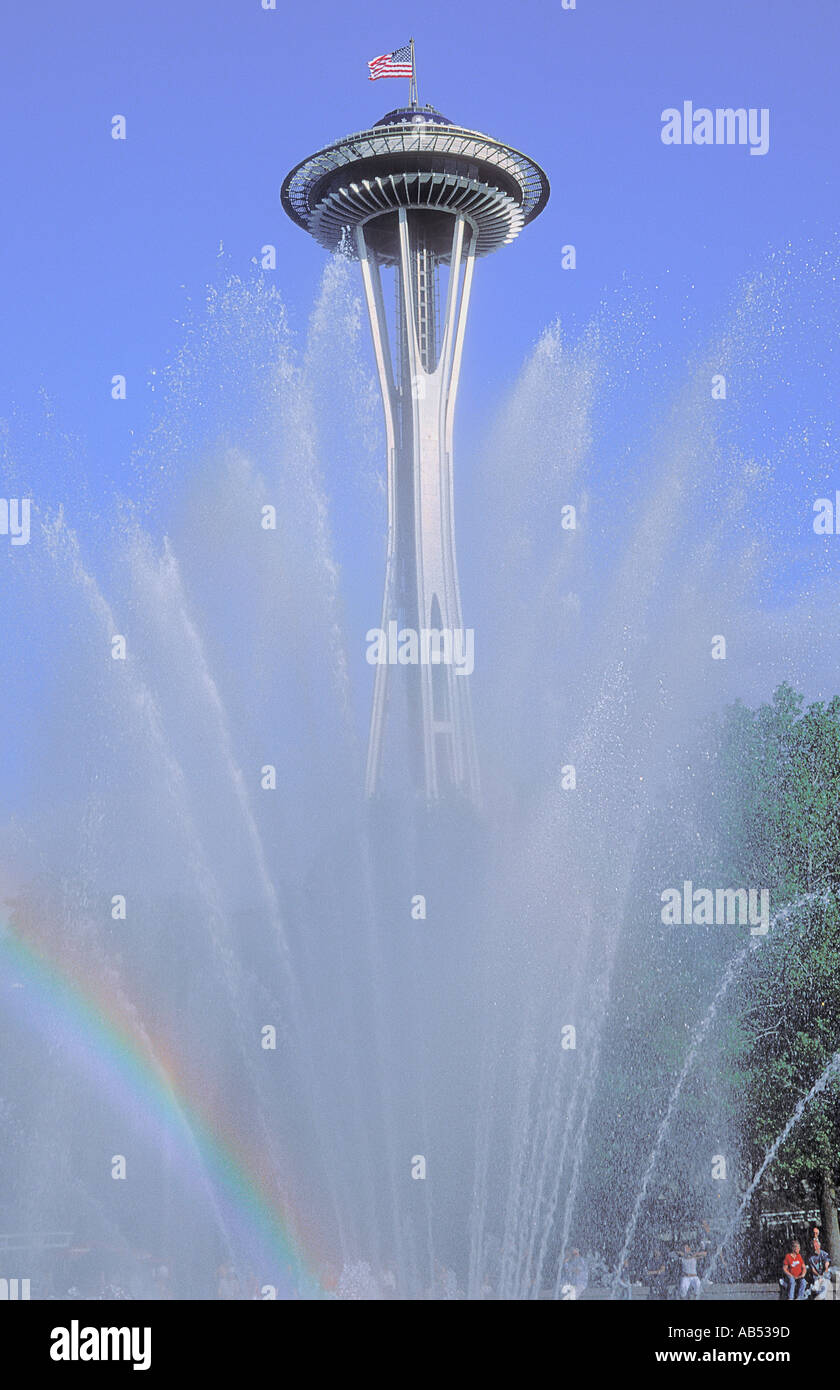 View of the Space Needle with fountain and rainbow at Seattle ...