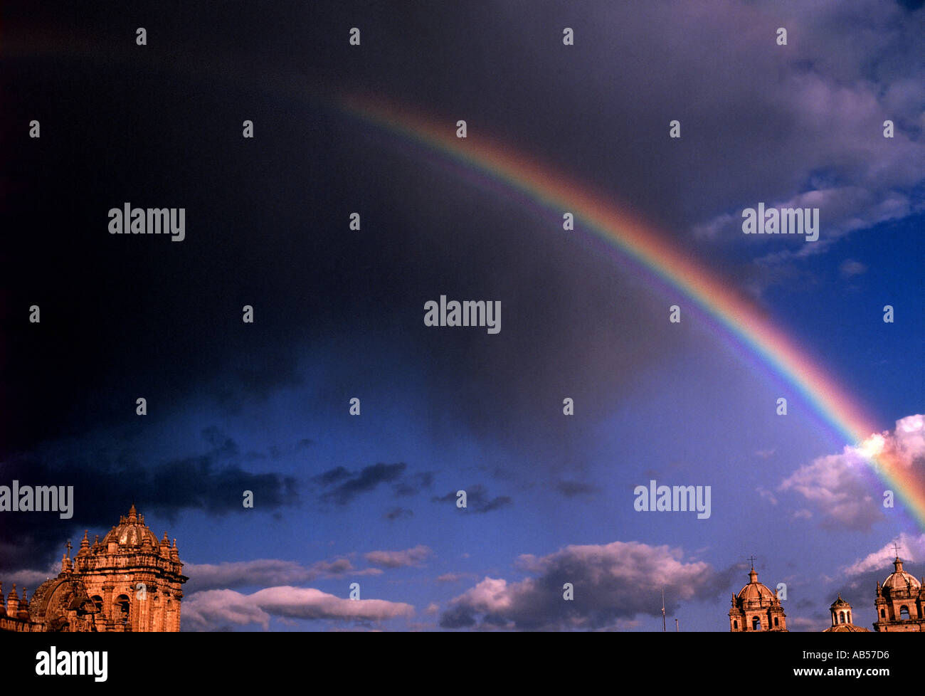rainbow colors of the flag of the inca empire over spanish churches ...