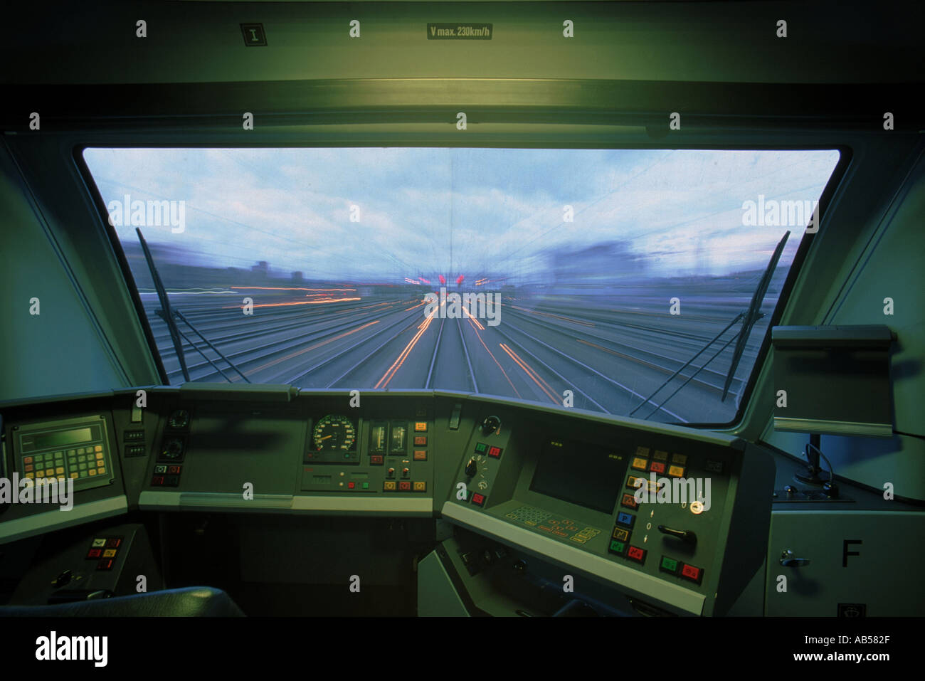 control cabin of locomotive railway tracks at station switzerland Stock ...