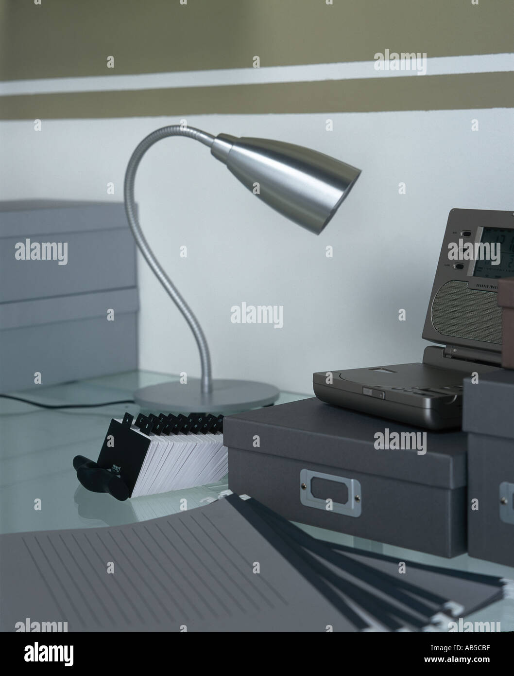 Home Office detail with metal lamp and storage boxes Stock Photo - Alamy