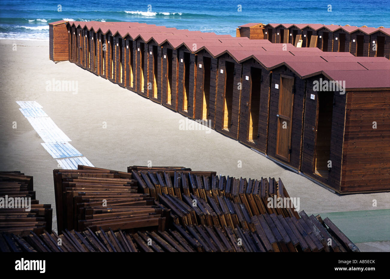 Beach huts being erected for the summer holiday season in Capaci near ...
