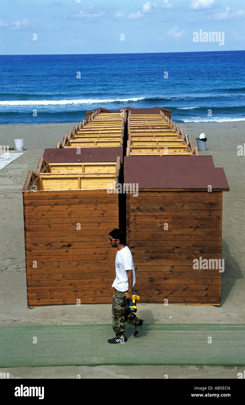 Beach huts being erected for the summer holiday season, Capaci near ...