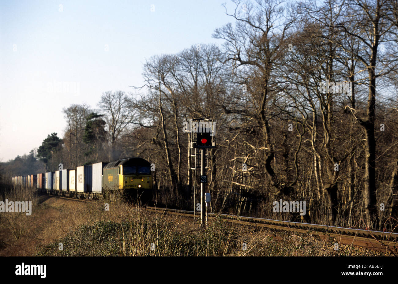 Freightliner freight train on the single track branch line between ...