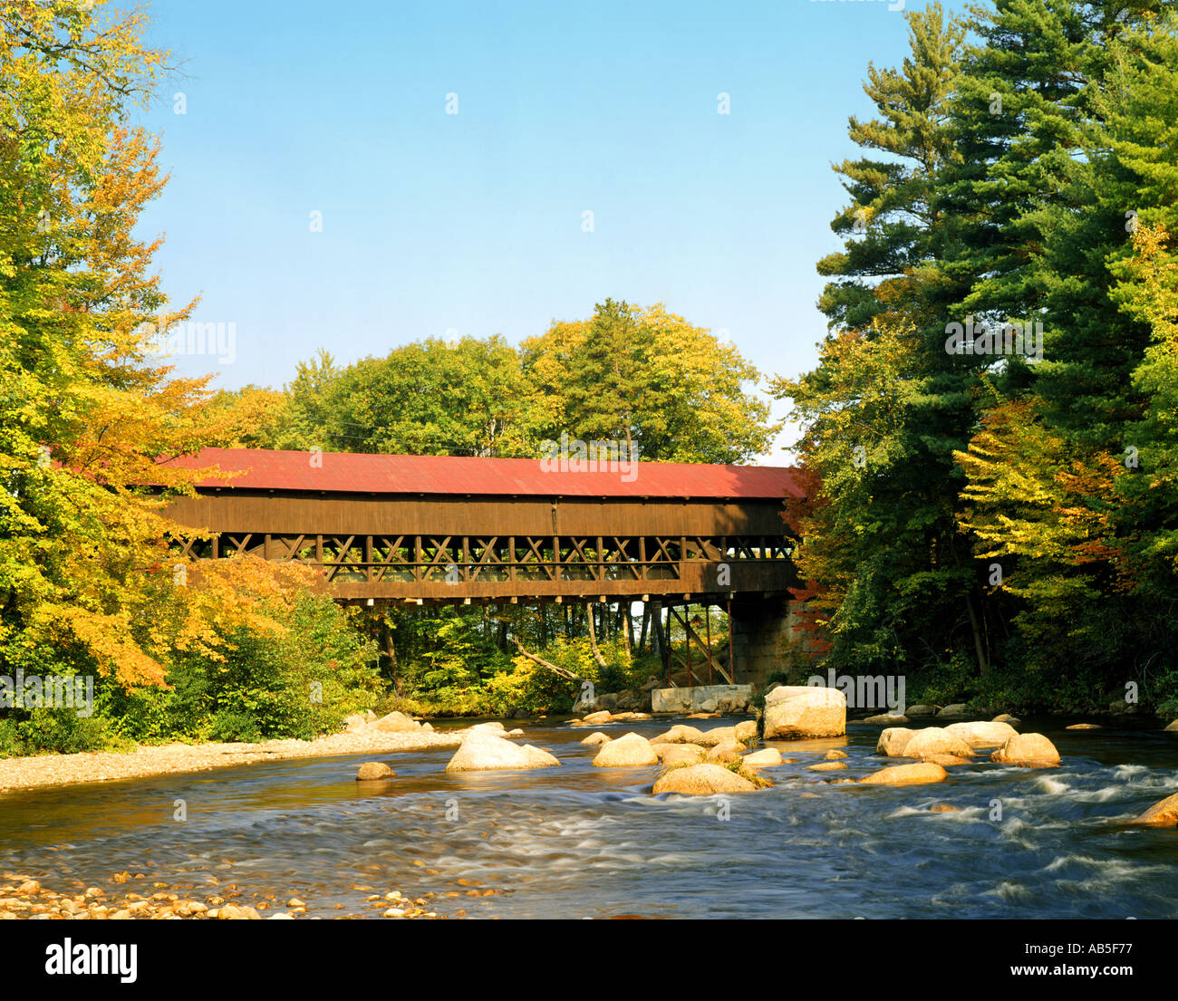 Covered bridge at North Conway New Hampshire USA during Fall foliage ...