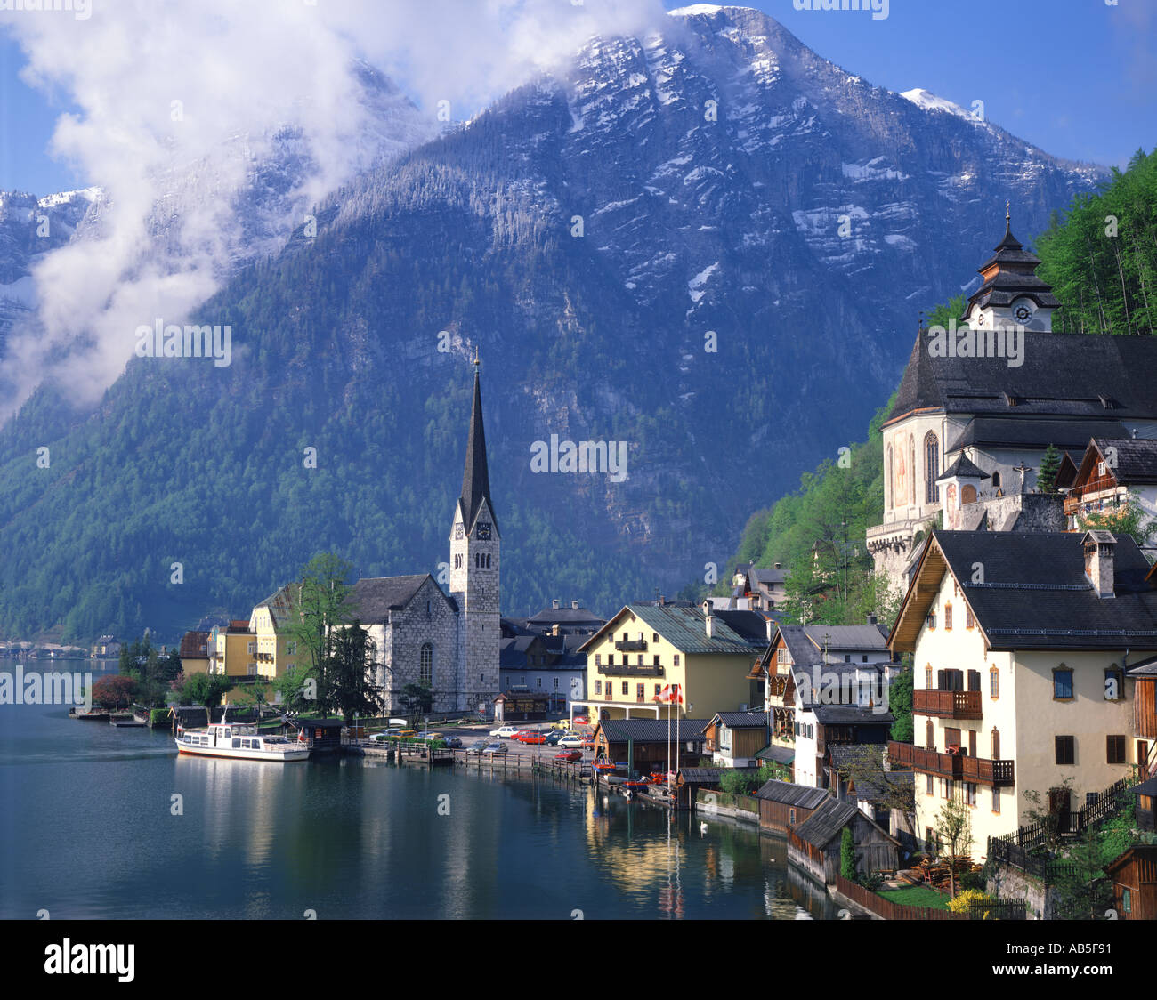 village of Hallstatt Austria on the Hallstatter See below the Stock ...
