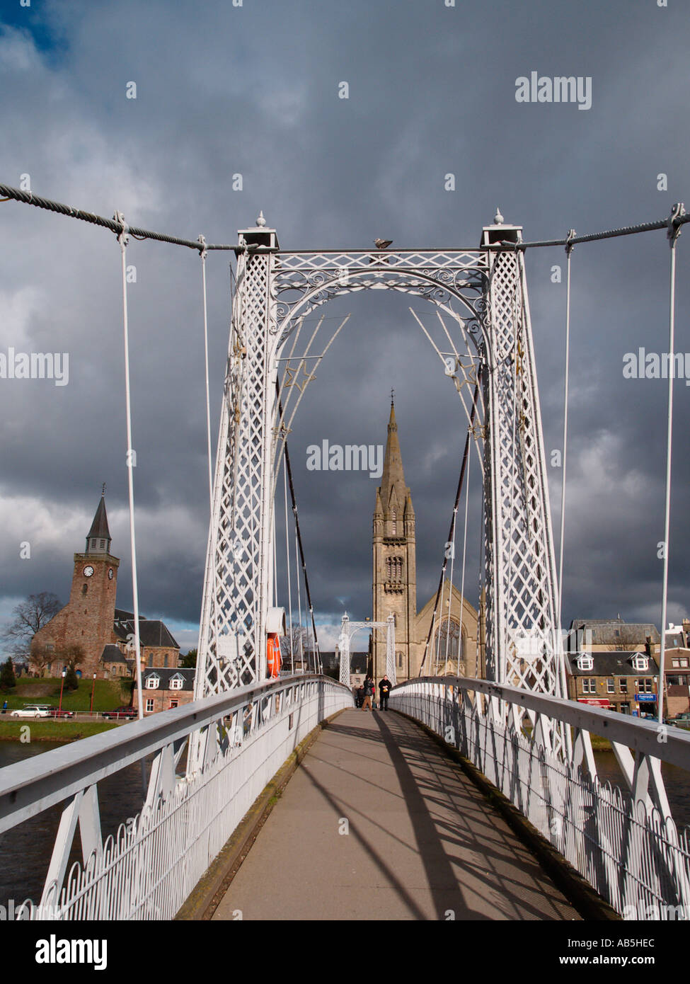 VIEW along SUSPENSION BRIDGE 1881 over River Ness Inverness ...