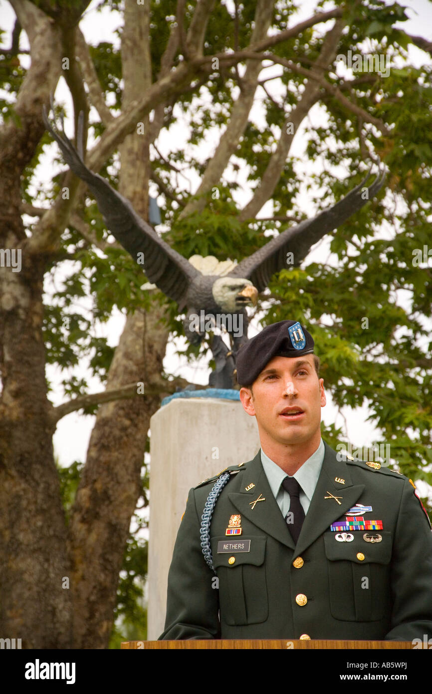 A guest U S Army Ranger Captain speaks during Memorial Day ceremonies ...