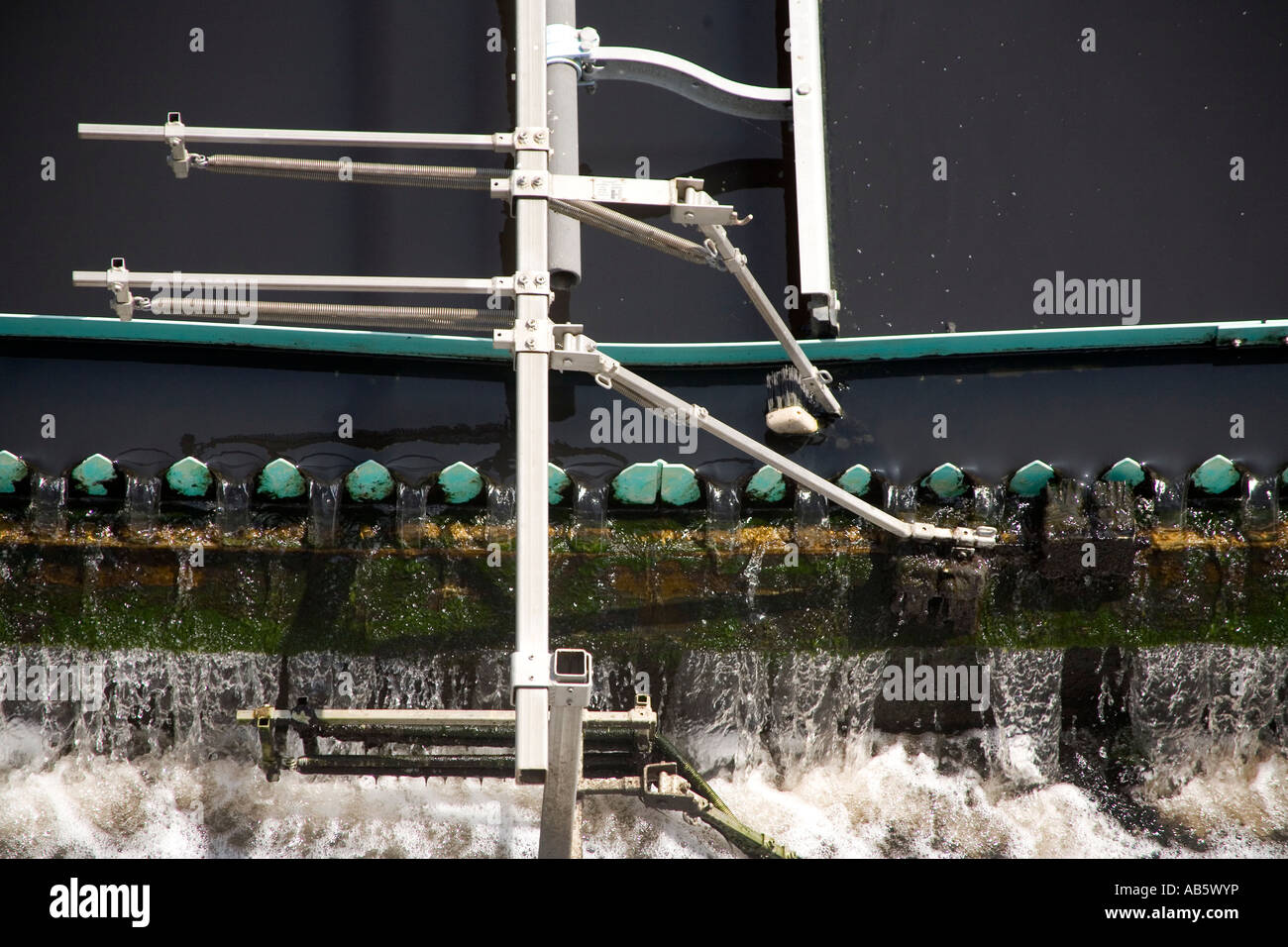 A rotary filter skims scum from the surface of waste water in a ...