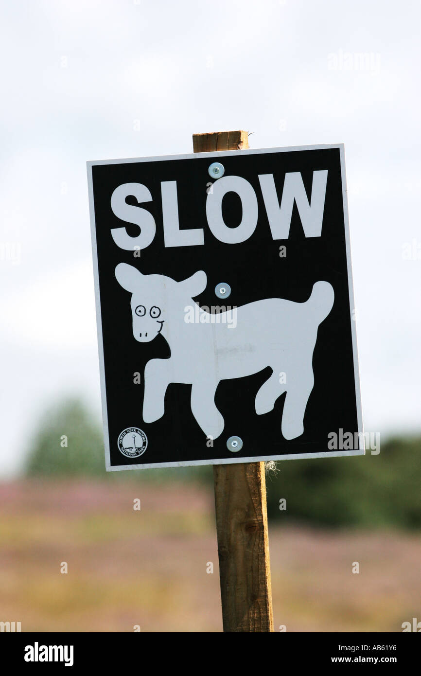 A road sign to warn motorists and drivers to slow down for lambs and ...