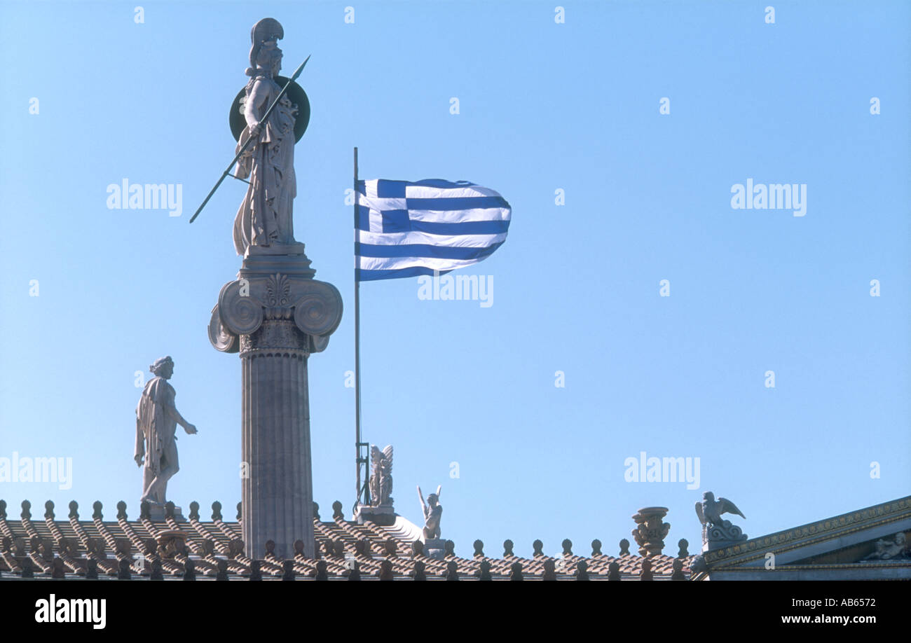 Statue of Athena with the Greek flag and a statue of Apollo Phevos ...