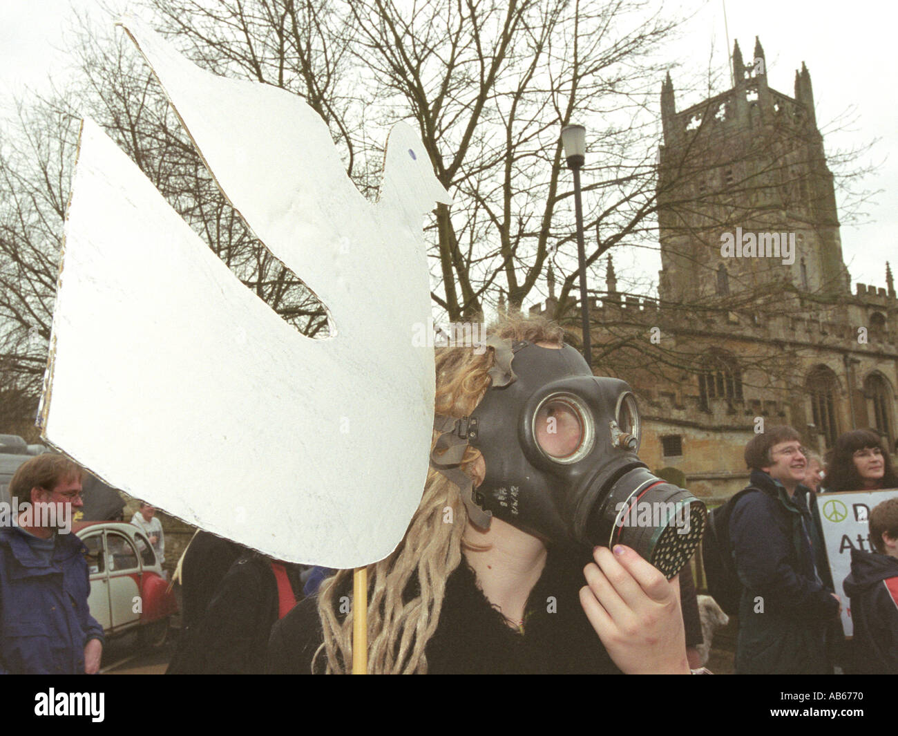 Peace protester with white dove placard at Stop the War demonstration ...