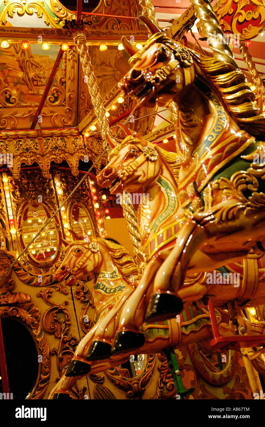 Funfair horses on old fashioned merry go round at Banbury Fair Stock ...