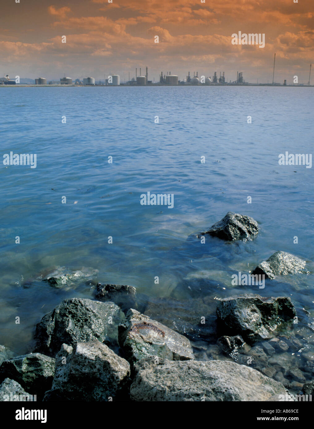 Petrochemical refinery on "Seal Sands", seen over the Tees estuary ...