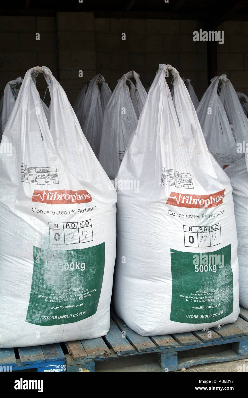 Plastic bags containing chemical fertilizer in storage shed Stock Photo ...