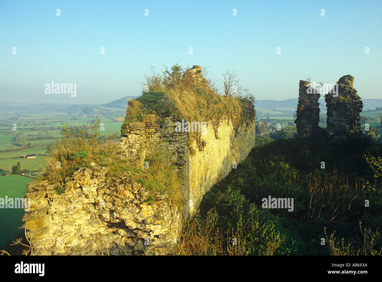 Wigmore Castle ruins with views across farmland to the East ...