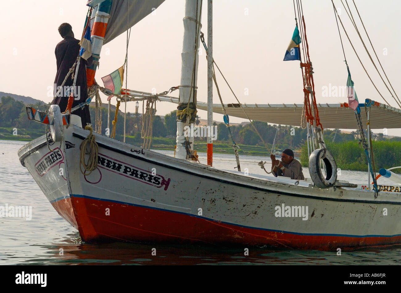 A Felucca, a traditional wooden sailing boat on the River Nile Aswan ...