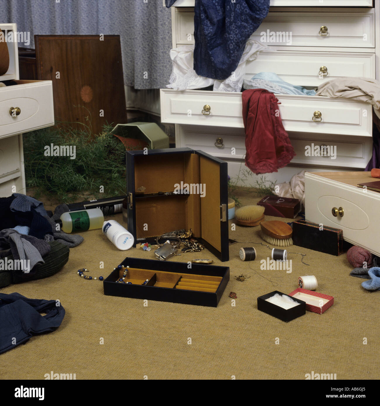 Scene of crime following a burglary showing bedroom interior Stock ...