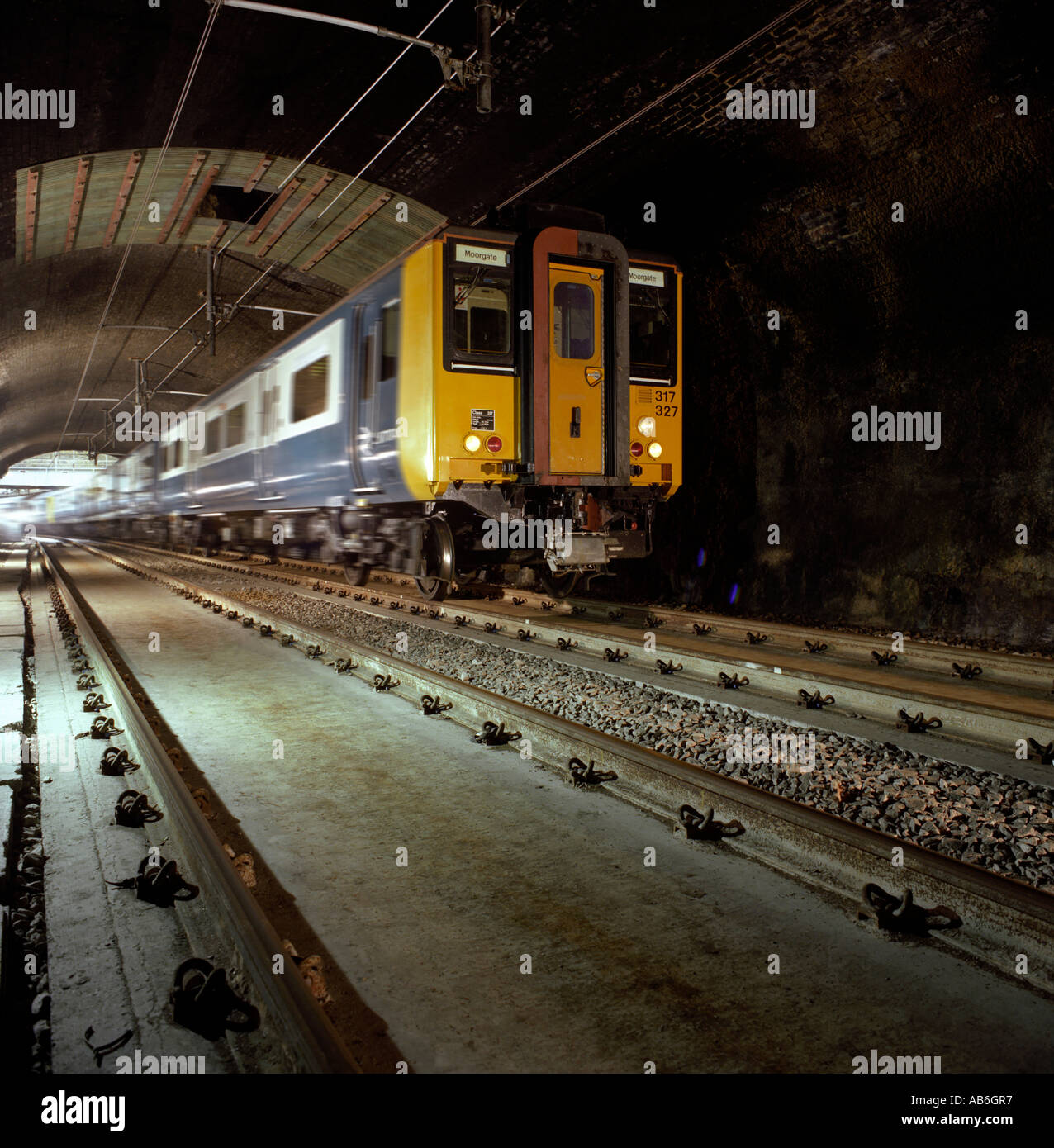Train in old British Rail Livery entering Moorgate Tunnel showing ...