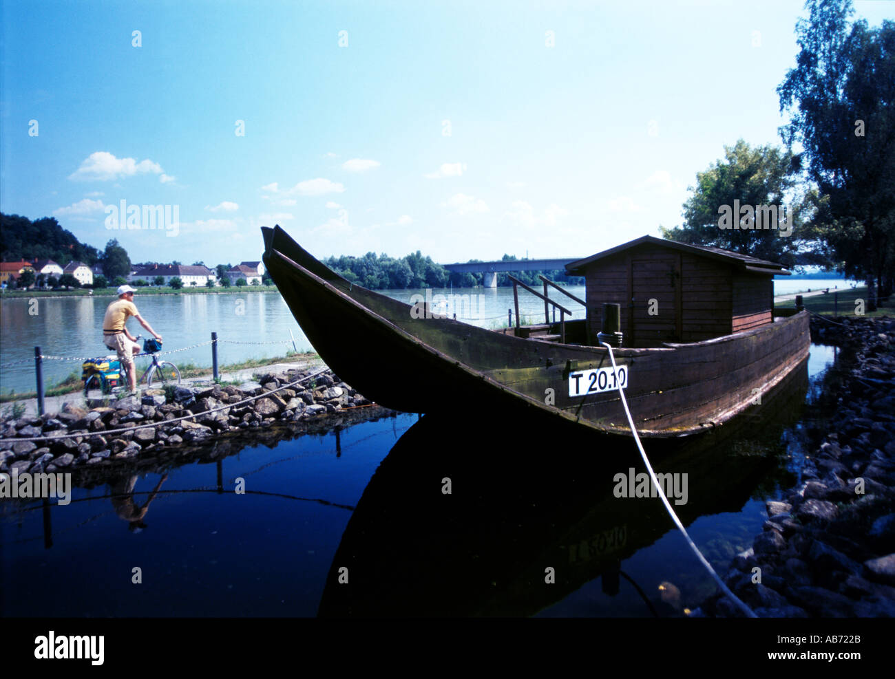 A old historical Danube boat display next to the river Danube Austria ...