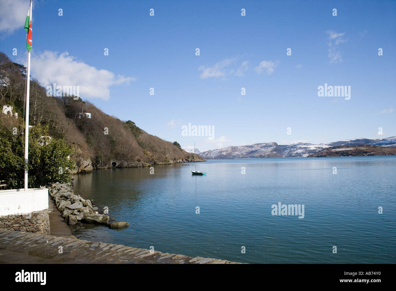 Portmeirion village in the snow and the Dwyryd river estuary,North ...
