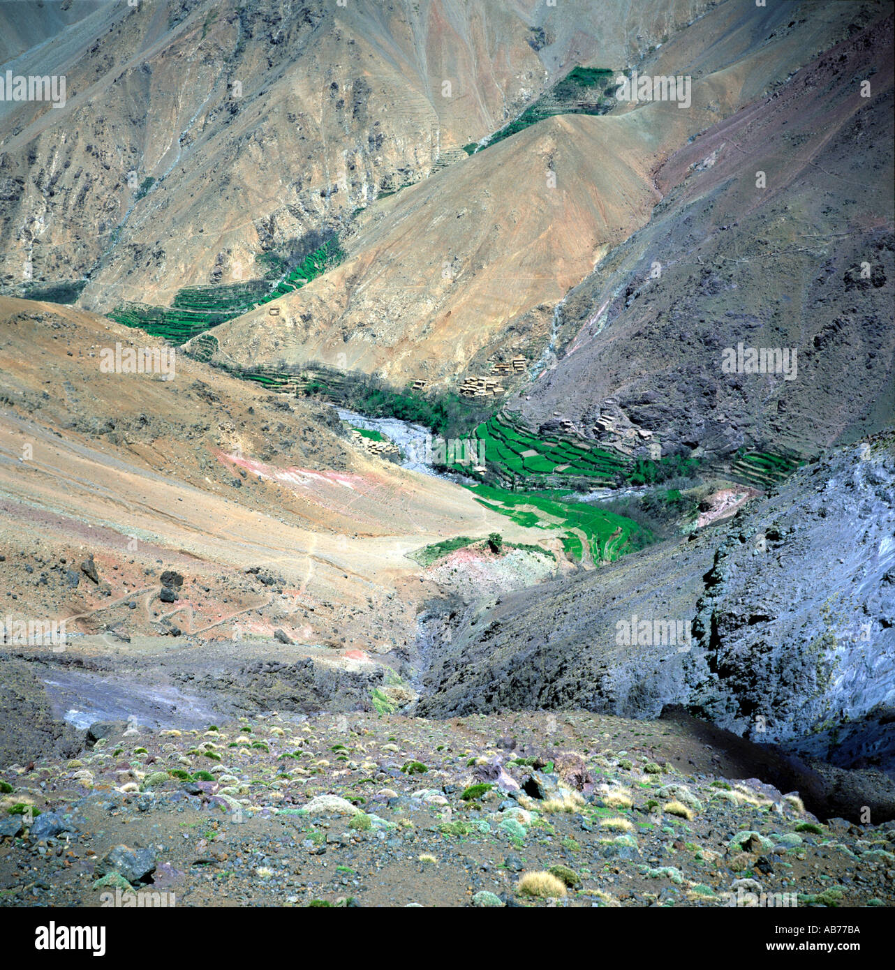 River valley with interlocking spurs Tinoughrine, High Atlas Mountains ...