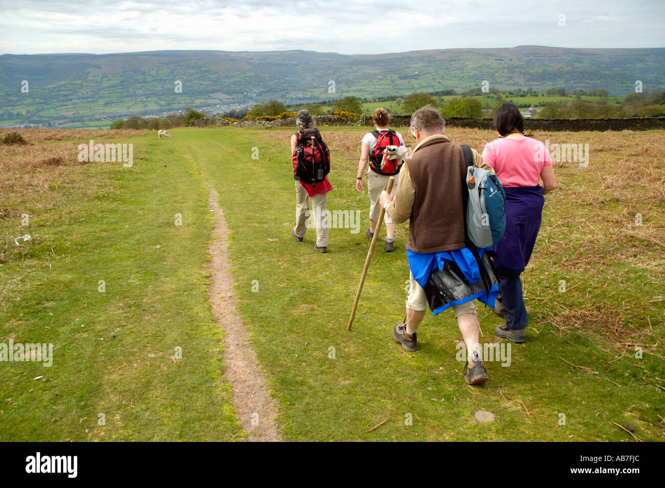 Guided walking group on footpath in open countryside near Abergavenny ...
