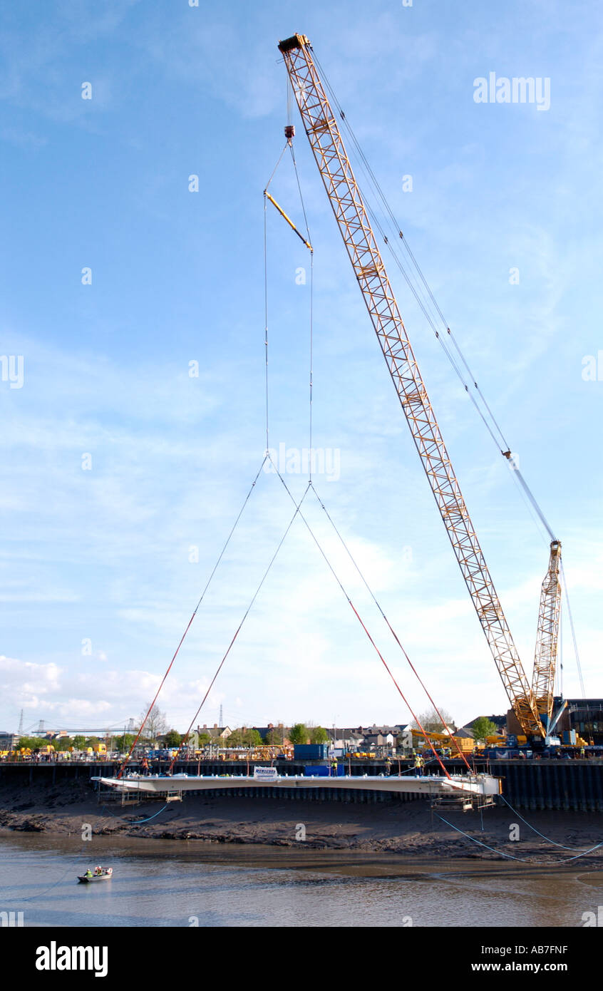 Foot and cycle bridge under construction over the River Usk at Newport ...