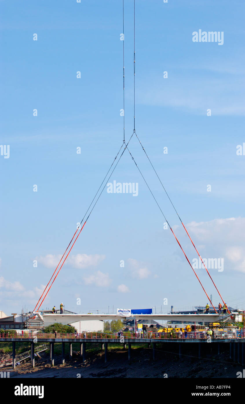 Foot and cycle bridge under construction over the River Usk at Newport ...
