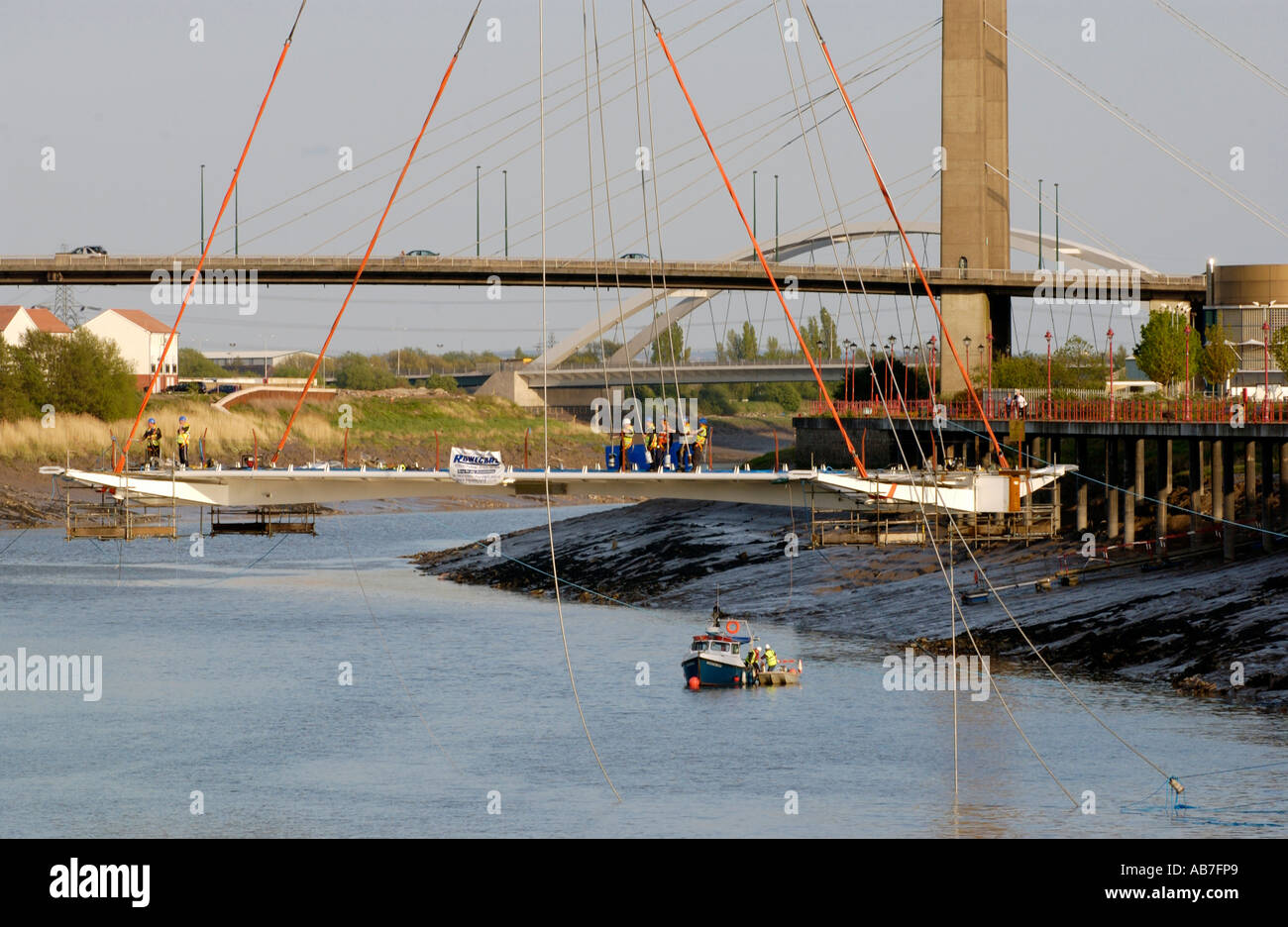 Foot and cycle bridge under construction over the River Usk at Newport ...