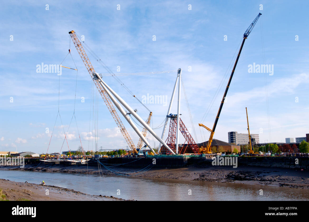 Foot and cycle bridge under construction over the River Usk at Newport ...