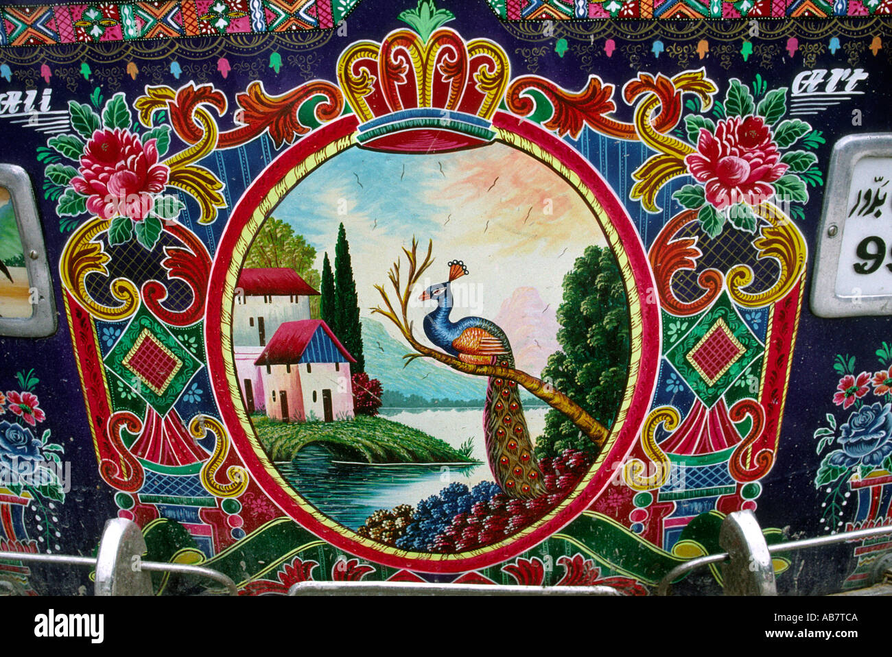 Pakistan Baluchistan Quetta decorated auto rickshaw rear detail pecock ...
