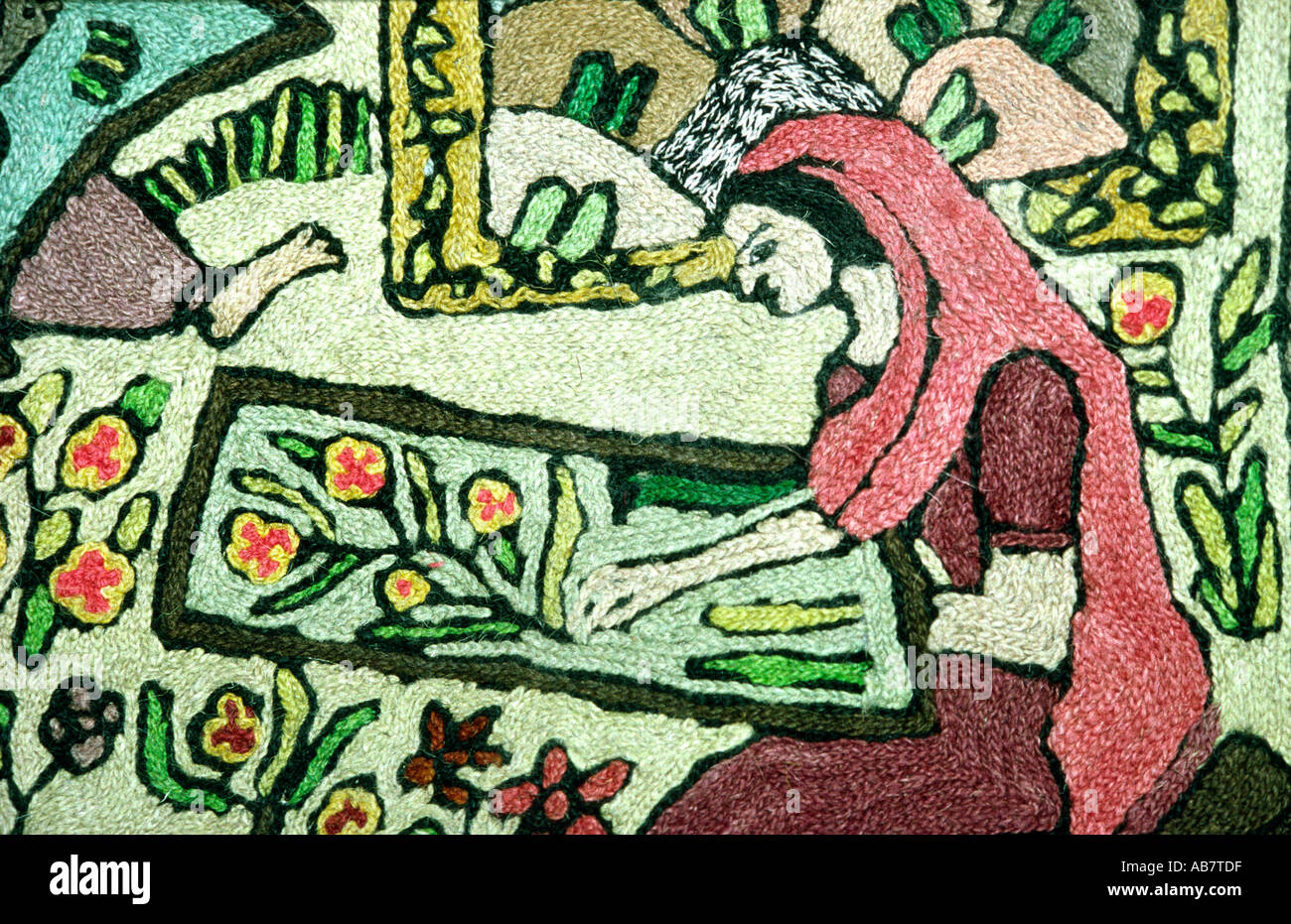 Pakistan Crafts Gabba woollen mat from Pakistan detail image of woman ...