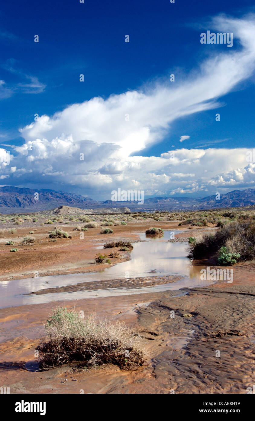 A passing thunderstorm and flash flood erosion in the desert in Death ...