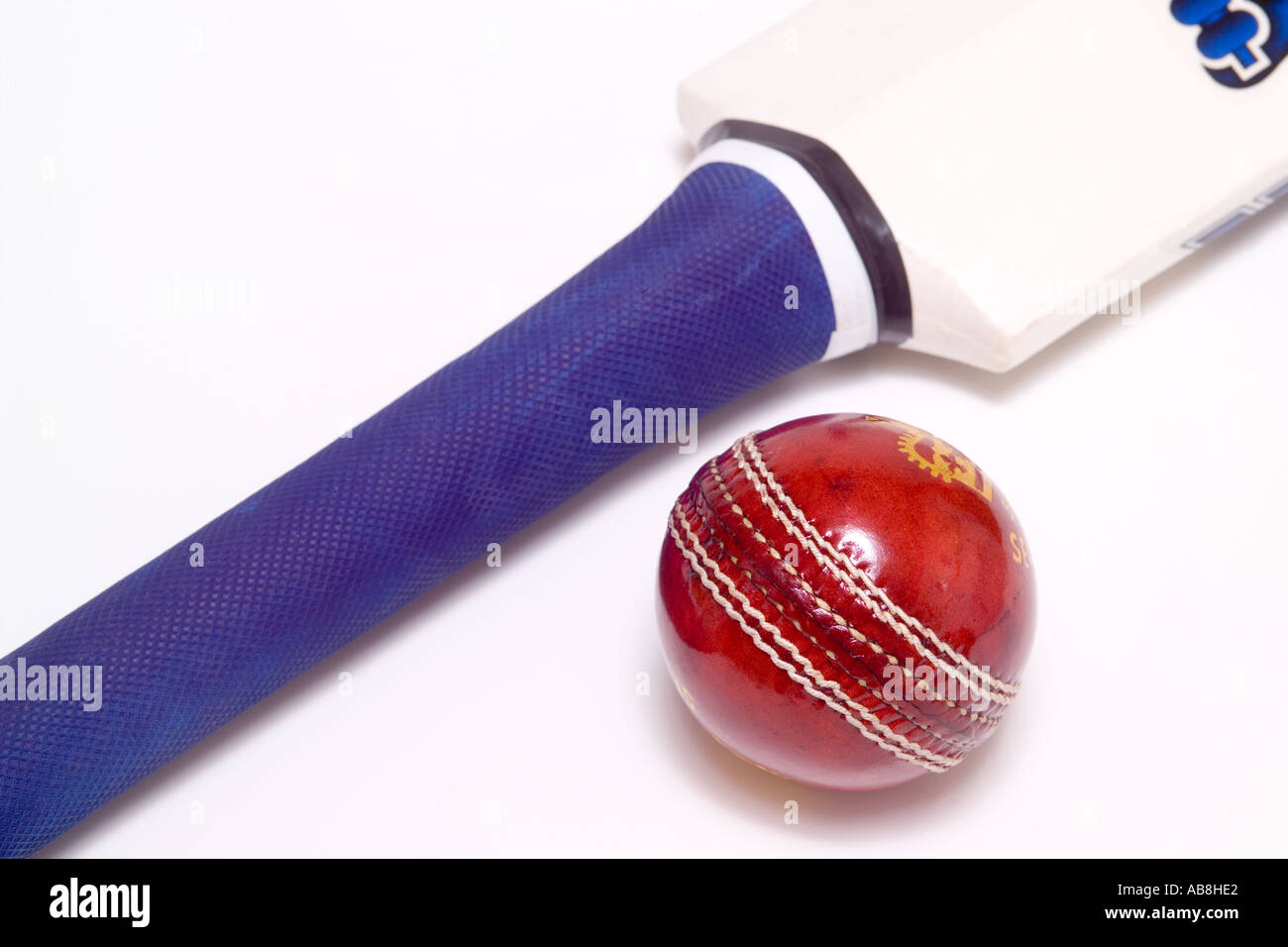 Close-up of the blue rubber hand grip on a cricket bat, alongside a ...