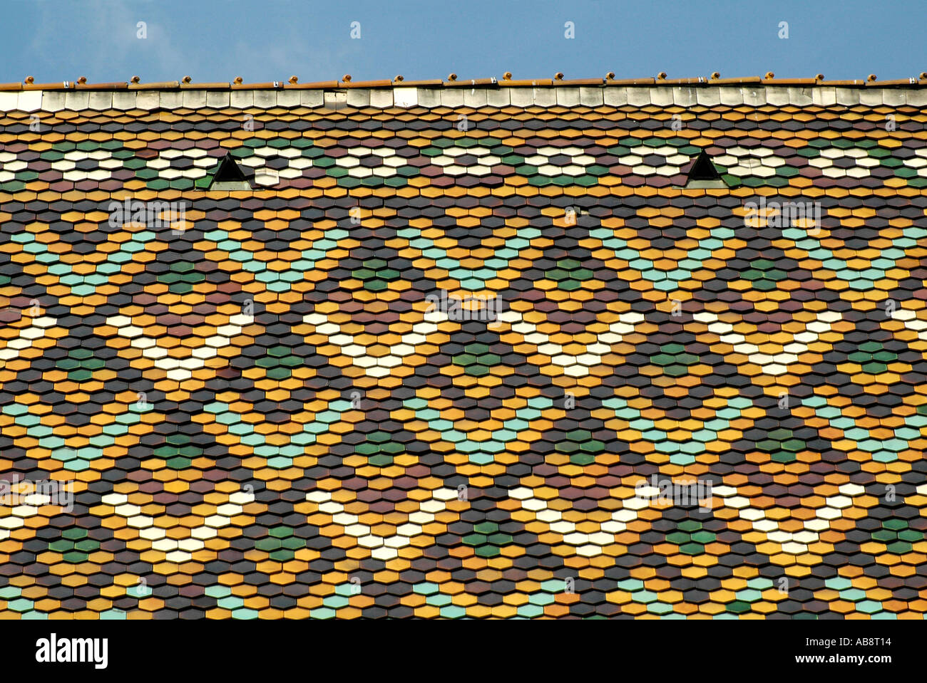 Multicolored glazed tiles at the roof of the Roman Catholic Matthias or ...