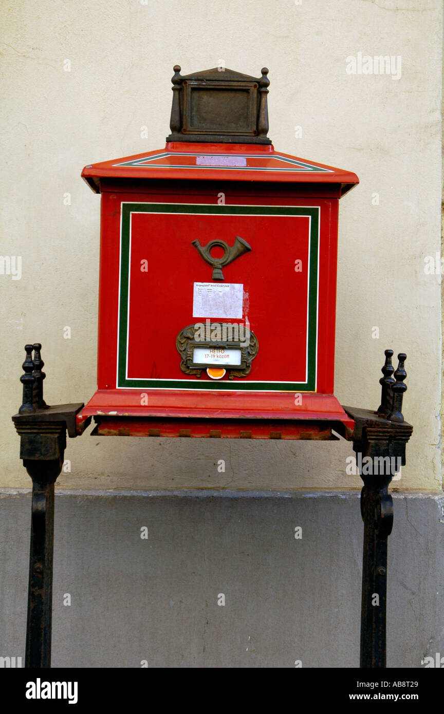 Traditional red Posta post box or mailbox in Castle district Budapest ...
