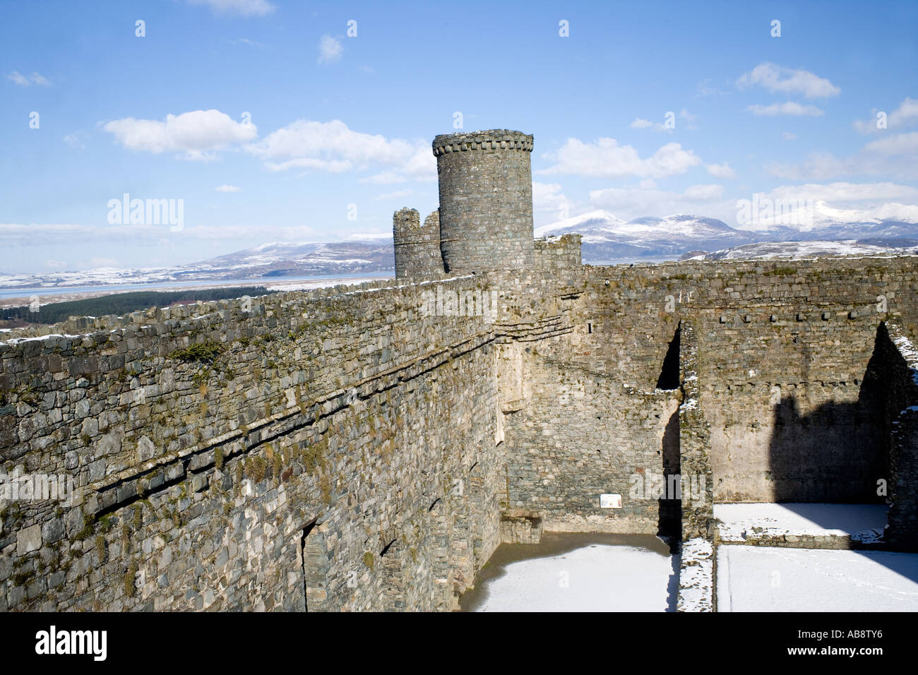 Snowdonia from the battlements of Harlech castle in the snow,North ...