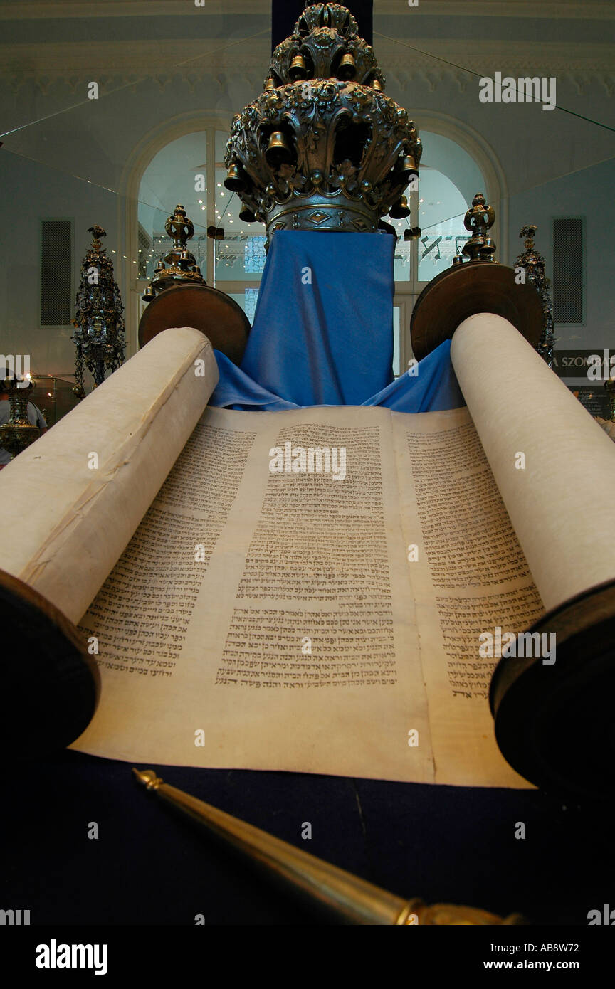 Traditional Torah scroll at the Jewish museum in Dohany Street ...